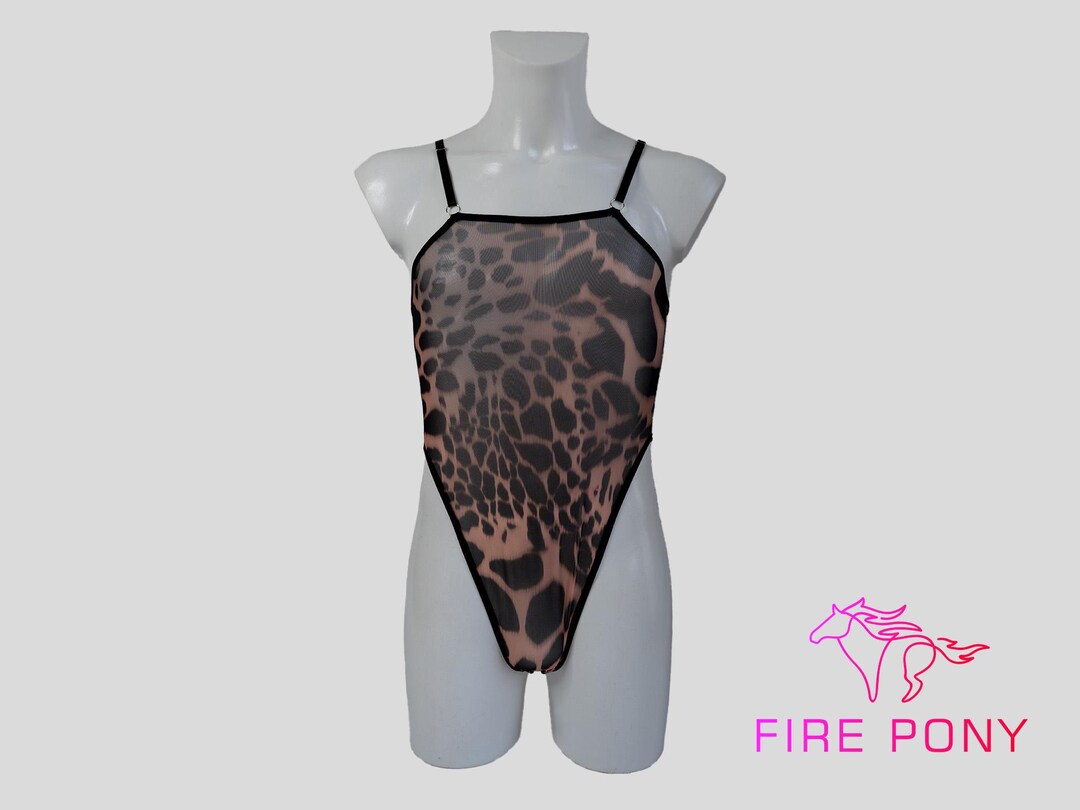Leopard Print Men's Bodysuit See Through Mesh Singlet Stylish Mankini ...