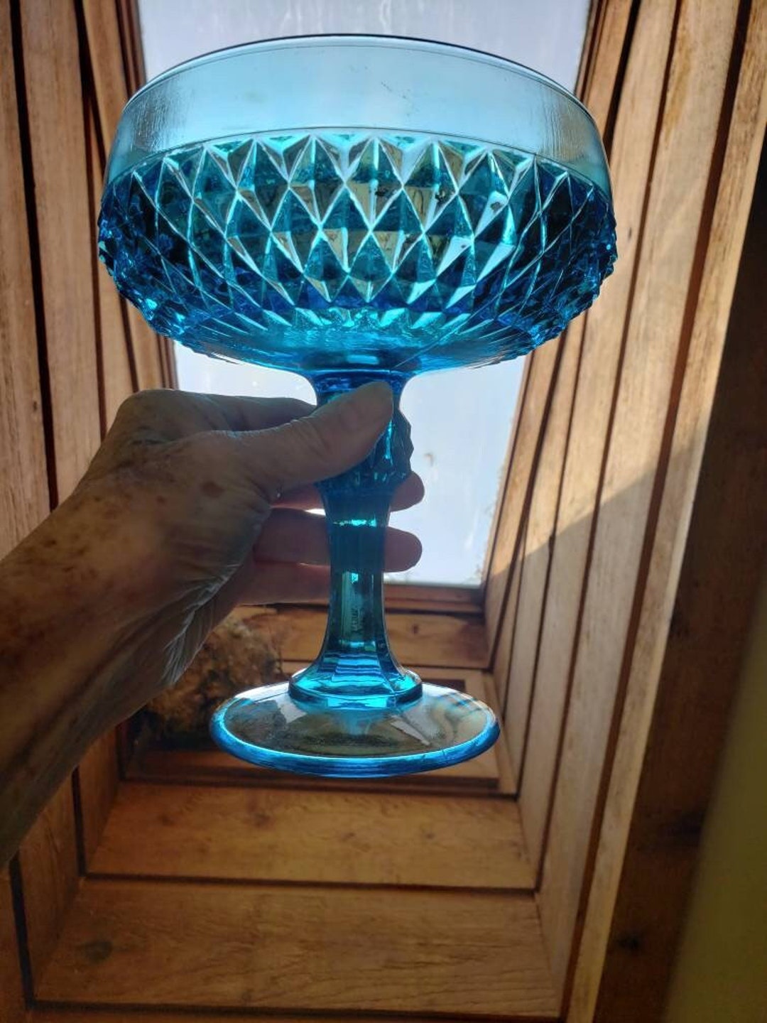 Aqua Blue Indiana Glass Diamond Point Compote| Vintage Indiana Glass ...