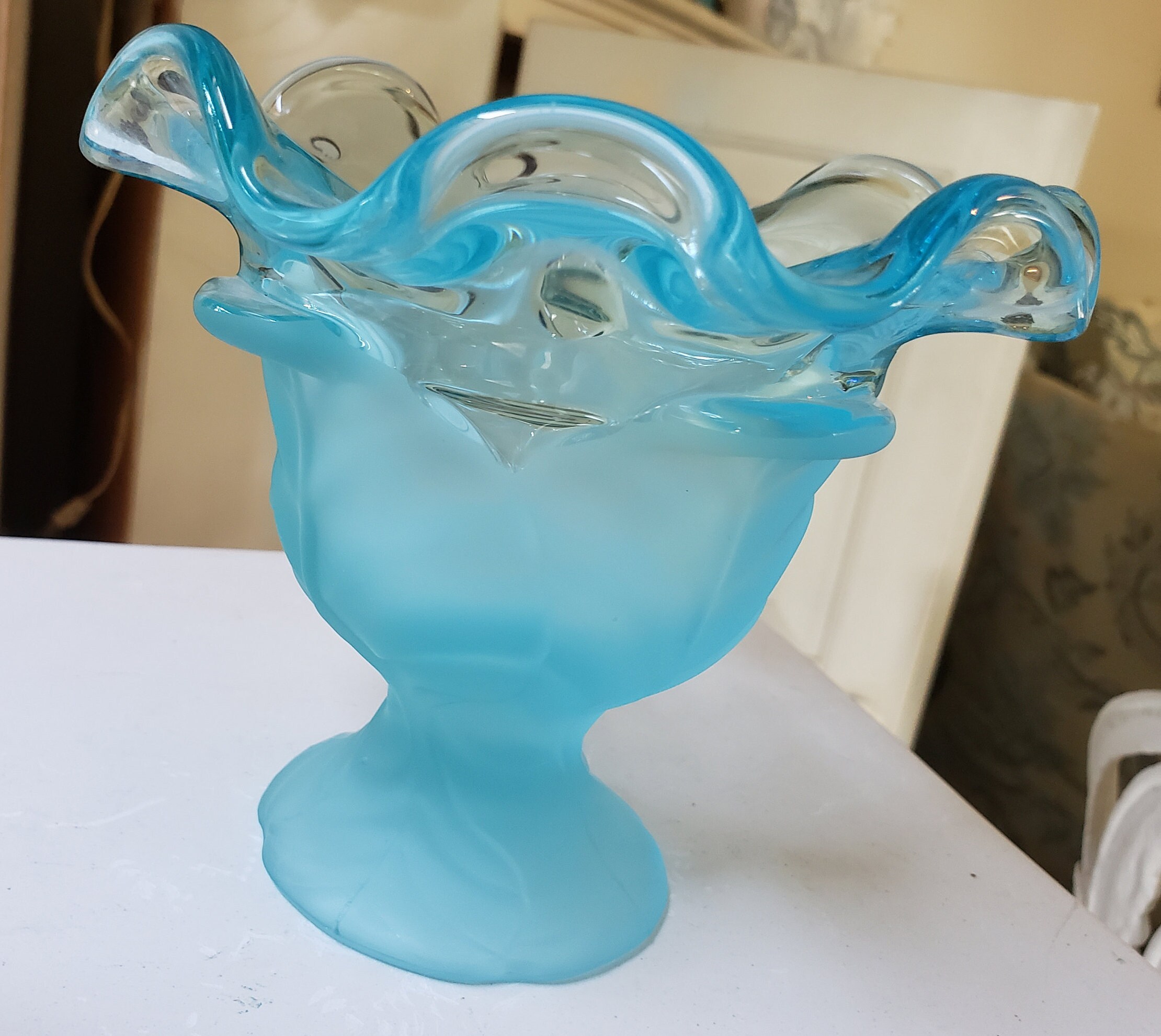 Blue Satin and Clear Blue Glass Cabbage Leaf Compote Viking - Etsy