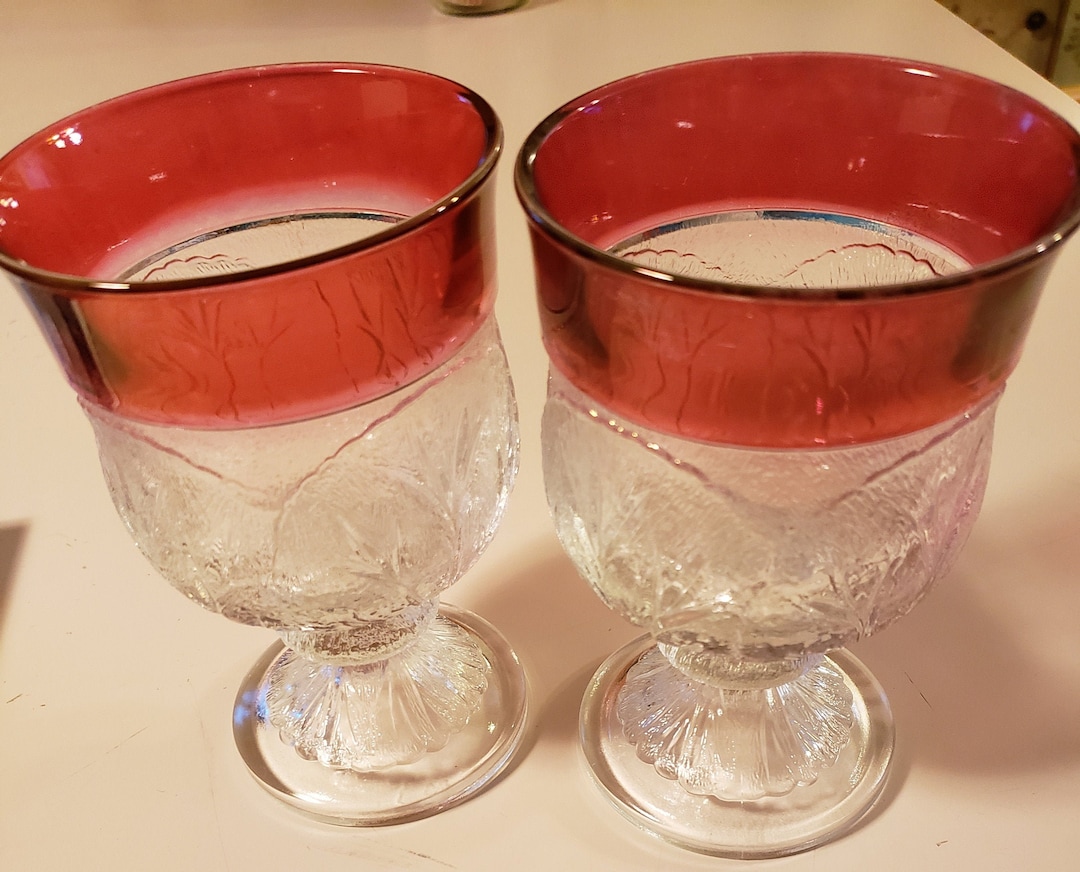 4-vintage Indiana Glass Ruby Rim Pebble Leaf Frosted Glass Goblet - Etsy