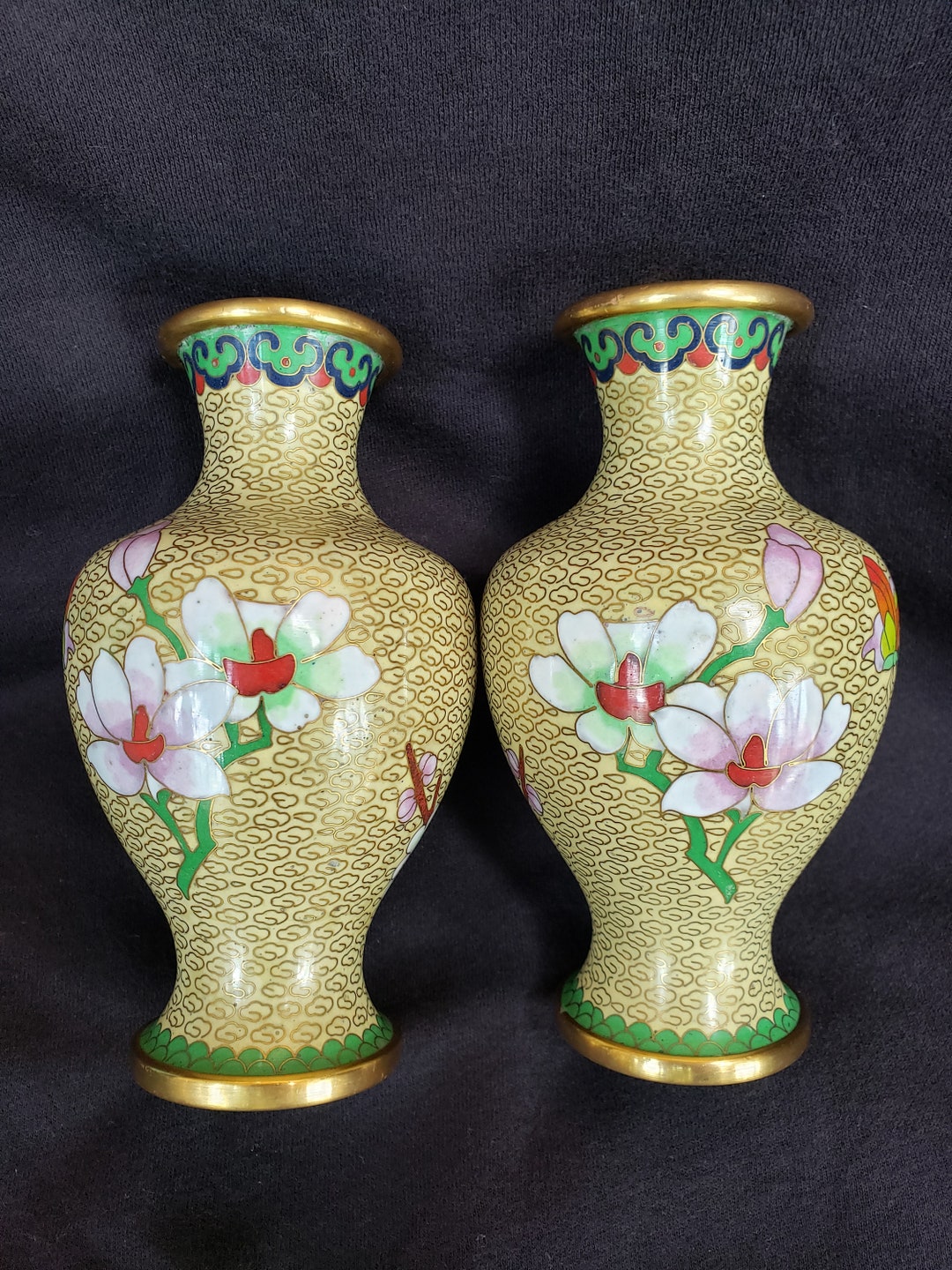 Vintage Chinese Jingfa Vases | Enameled Brass Cloisonné Urns | Made in ...