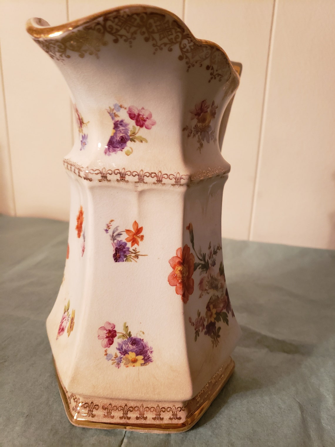 Wheeling Pottery La Belle Victorian China 6 Sided Floral Pitcher ...