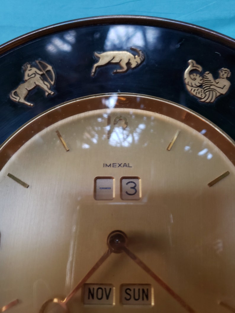 Rare Retro Imexal Swiss 8 Day Black and Brass Zodiac Clock With Alarm ...