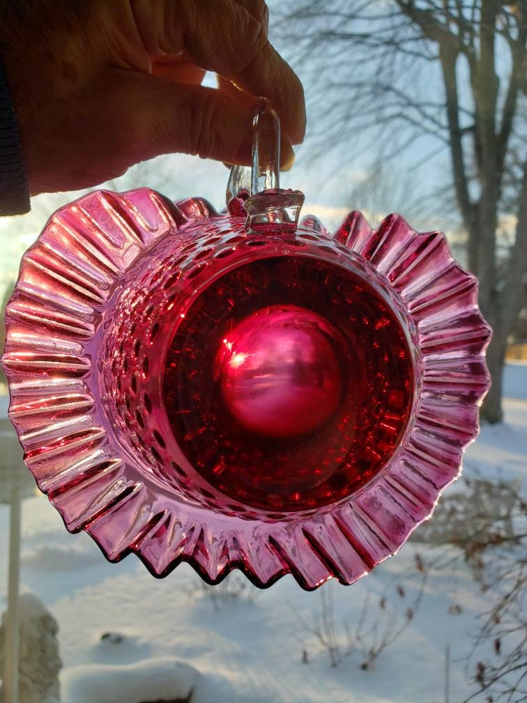 Fenton Cranberry Ruffled Bowl With Handle Ruffle Edge - Etsy
