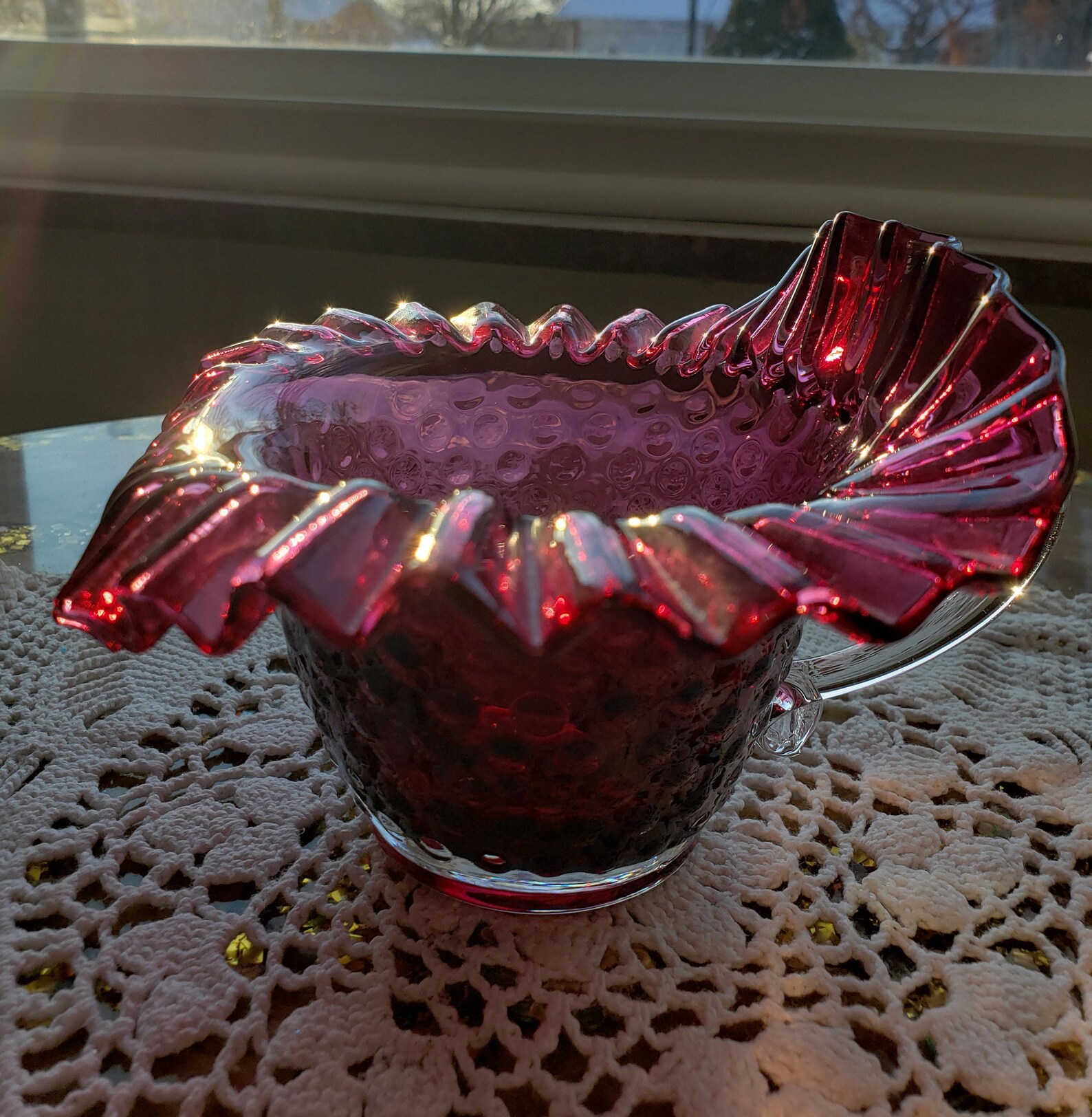 Fenton Cranberry Ruffled Bowl With Handle Ruffle Edge - Etsy