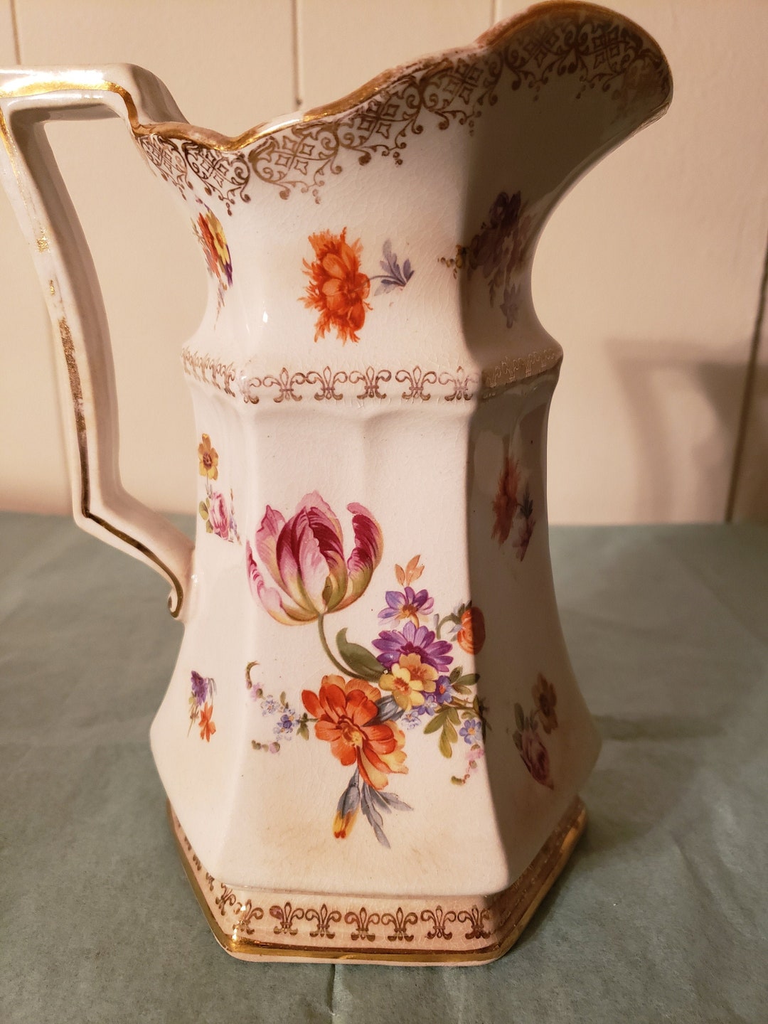 Wheeling Pottery La Belle Victorian China 6 Sided Floral Pitcher ...