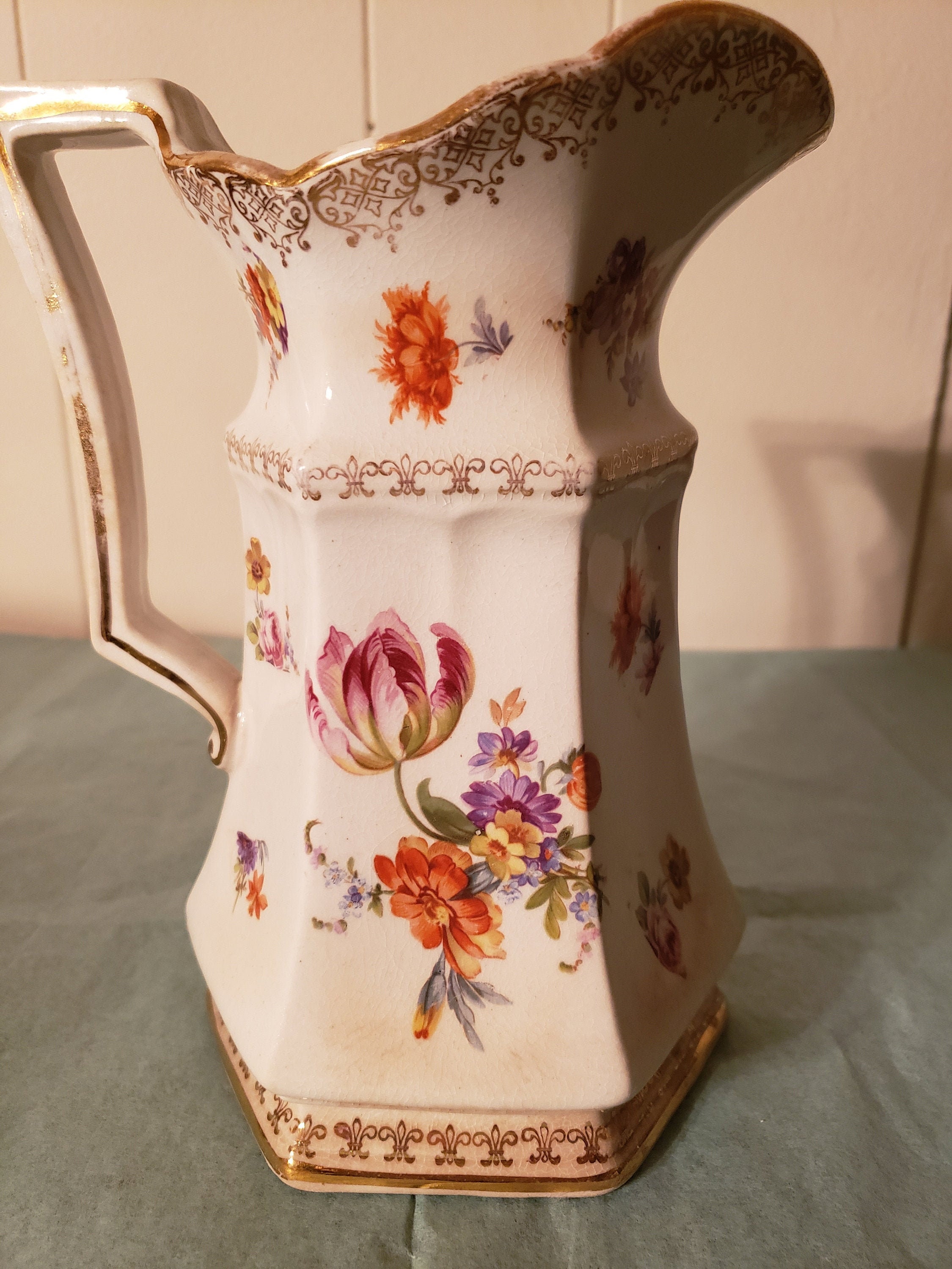 Wheeling Pottery La Belle Victorian China 6 Sided Floral Pitcher ...