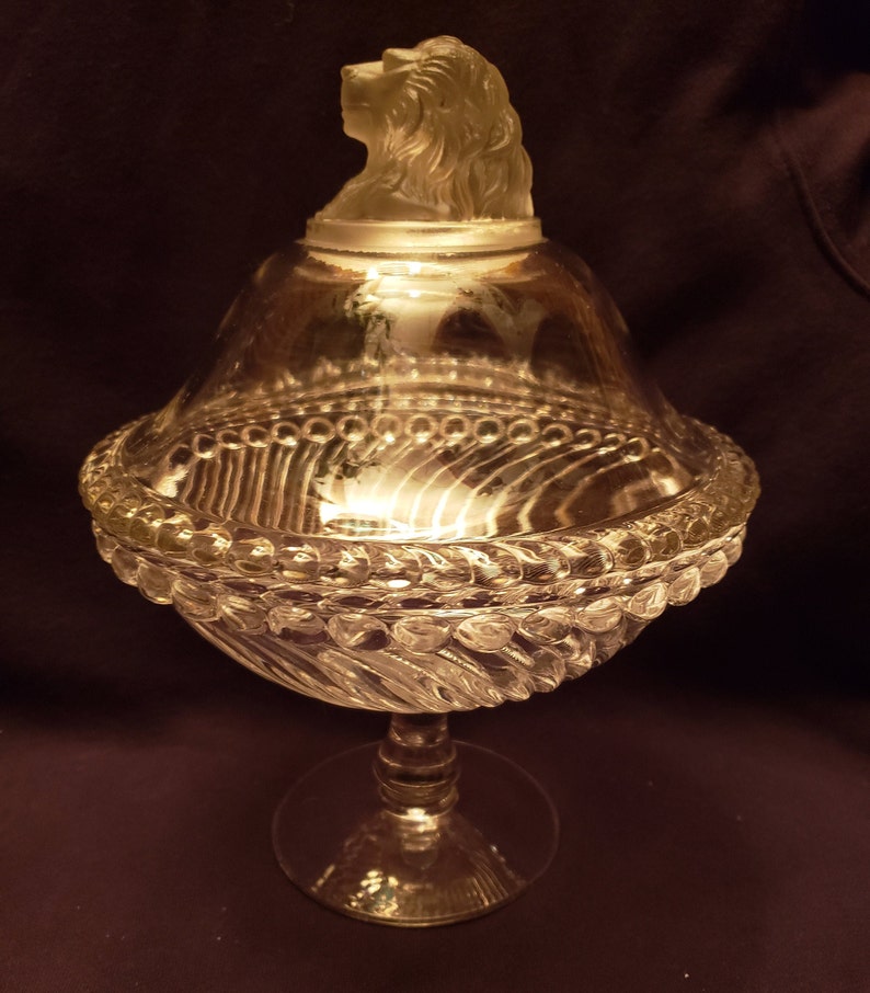 Rare Gillinder Swirled Glass Beaded Edge Compote Frosted Lion Head ...