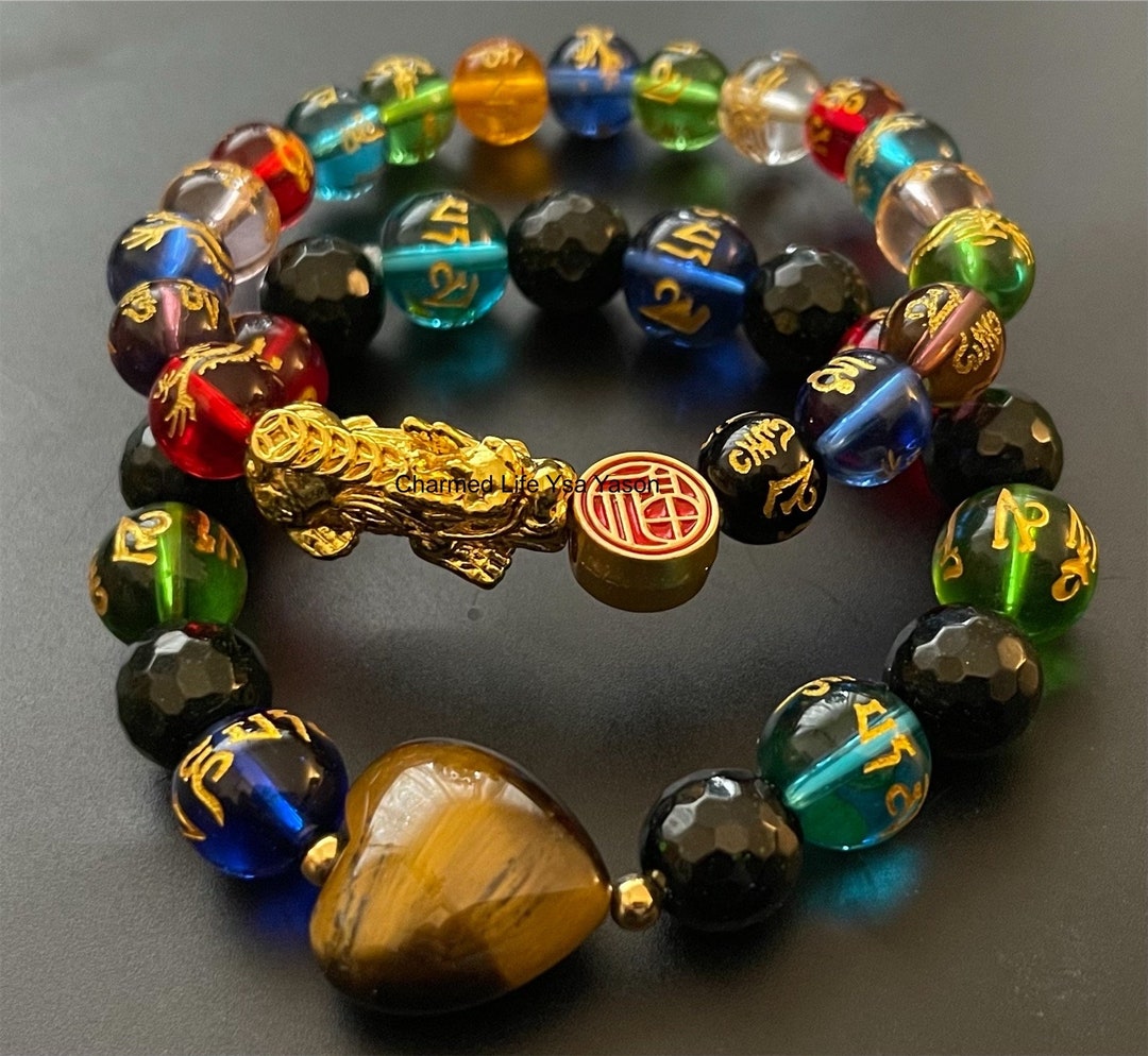 Pair Sale-- Gold Tone Piyao, Sandstone, Tiger Eye & Mantra Beads, Clear ...