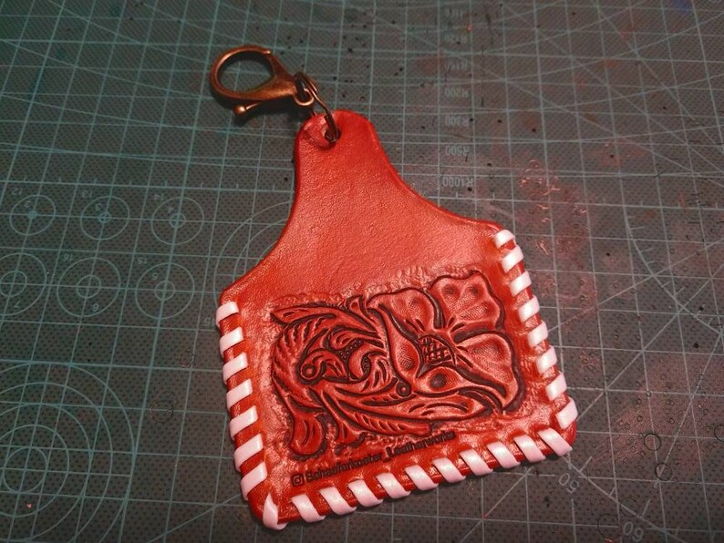 Leather Dangle Cattle Ear Tag Keychain artisan Made Message Custom ...