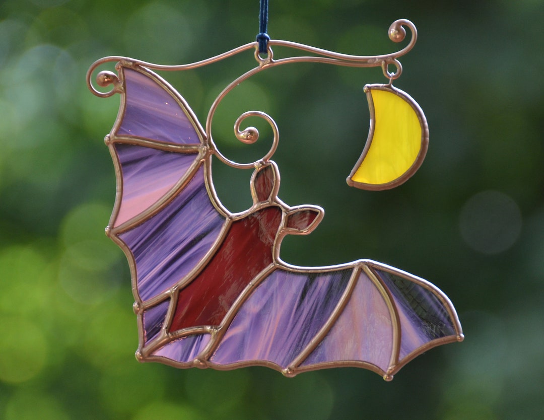 Stained Glass Bat Suncatcher: Halloween Moon Window Hanging - Etsy