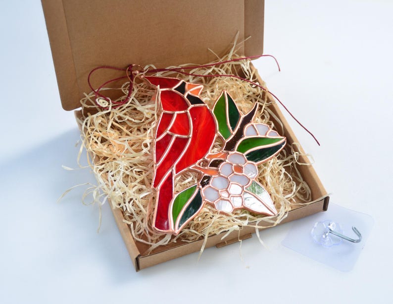 Red Cardinal Stained Glass Suncatcher: Memorial Bird Ornament Window ...
