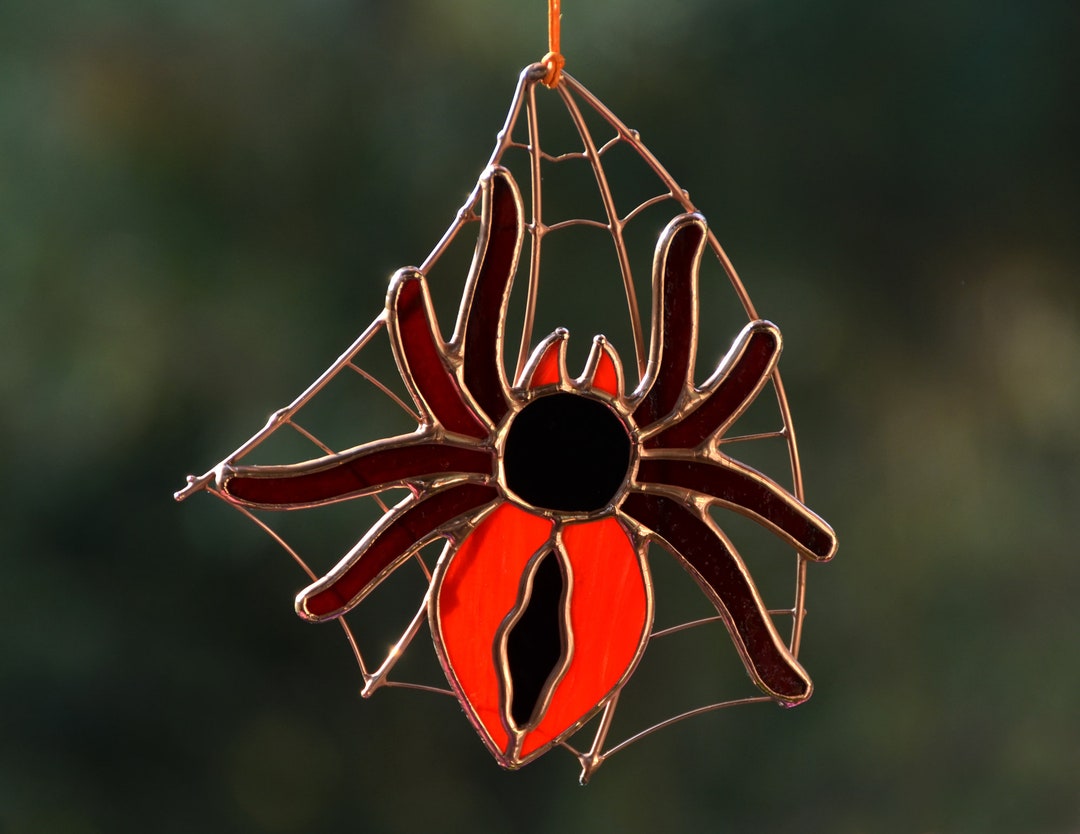 Stained Glass Halloween Suncatcher, Tarantula Spider Web Decor, Window ...