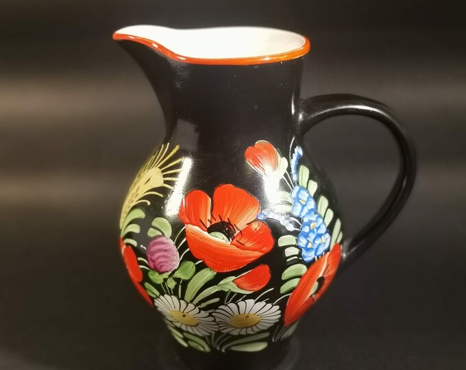 Czech Pottery Pitcher - Black and Red With Handpainted Flowers, Daisies ...