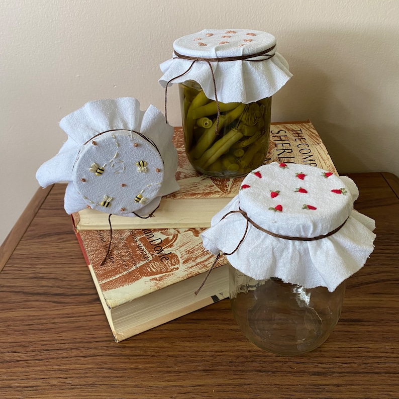 Hand Embroidered Linen Jar Cover, Mason Jar Cloth, Housewarming Gift ...