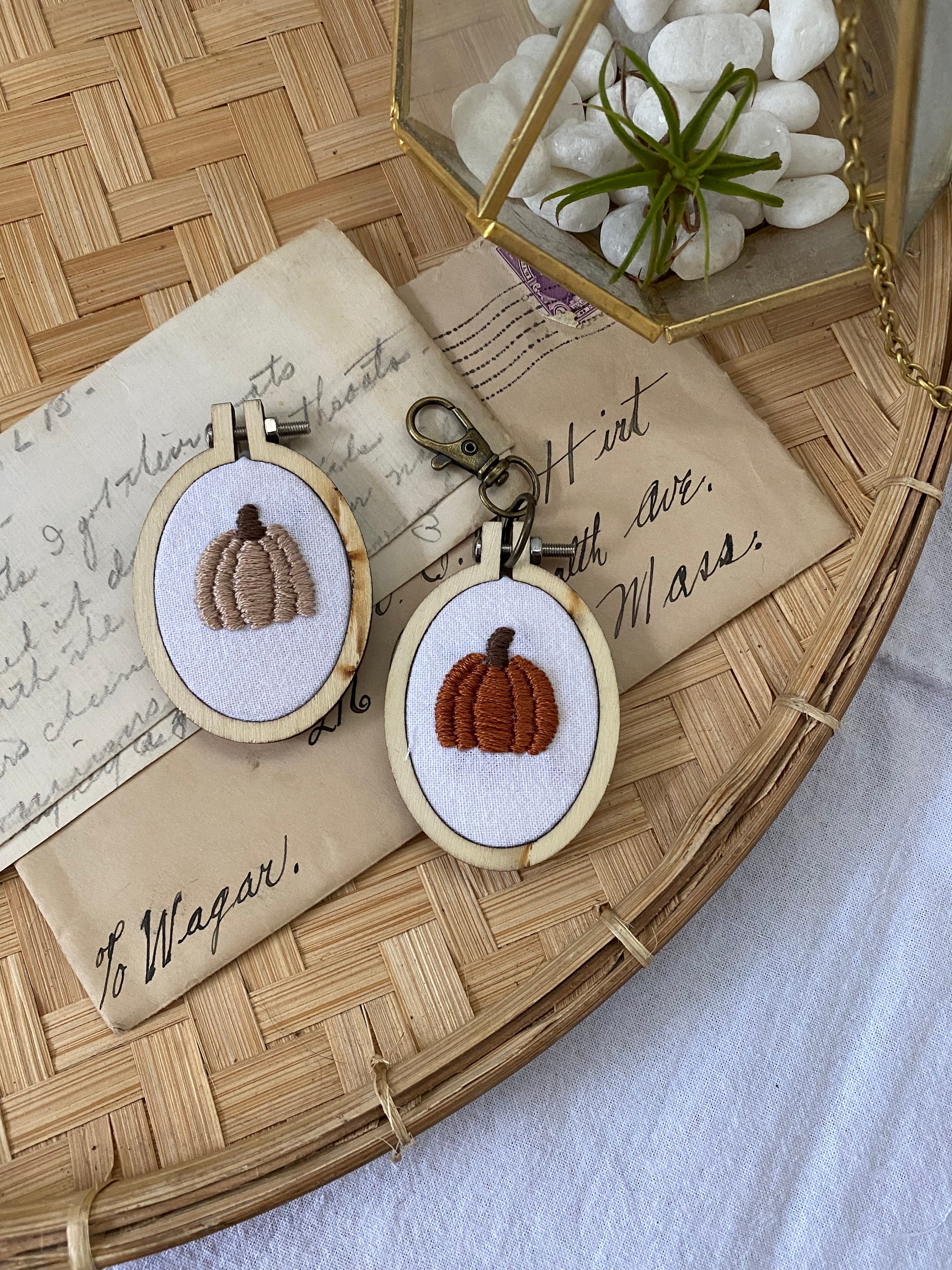 Mini Hand Embroidered Fall Keychain, Pumpkin Keychain, Embroidered ...