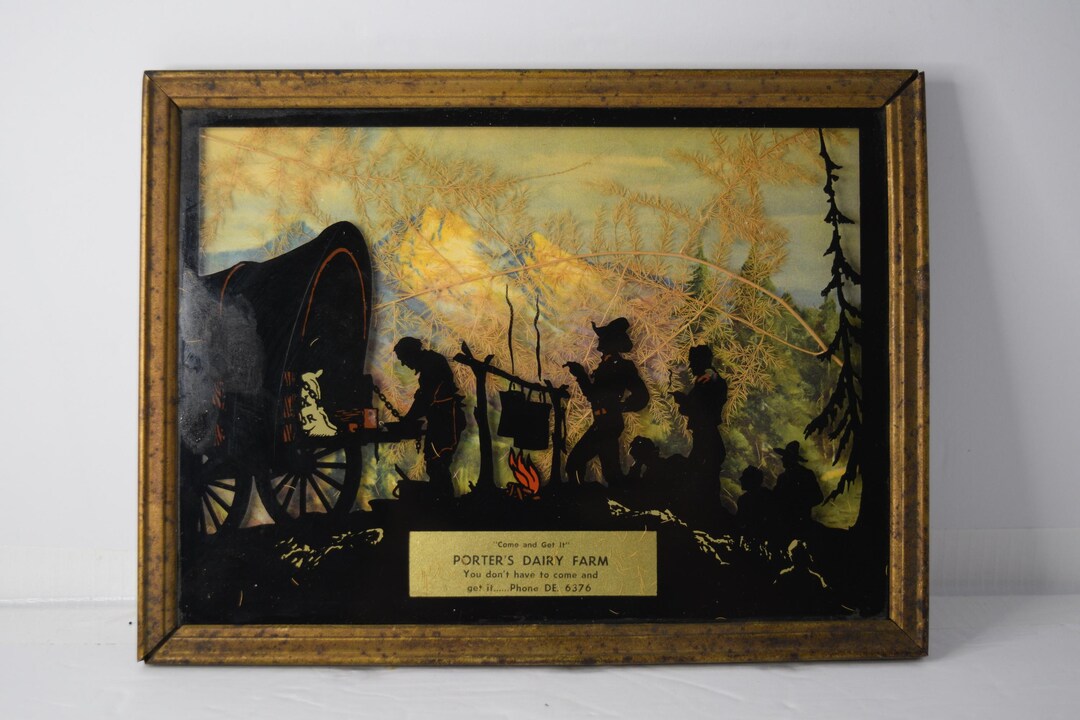 Vintage Chuck Wagon Cowboy Silhouette Reverse Painted Bubble Glass ...