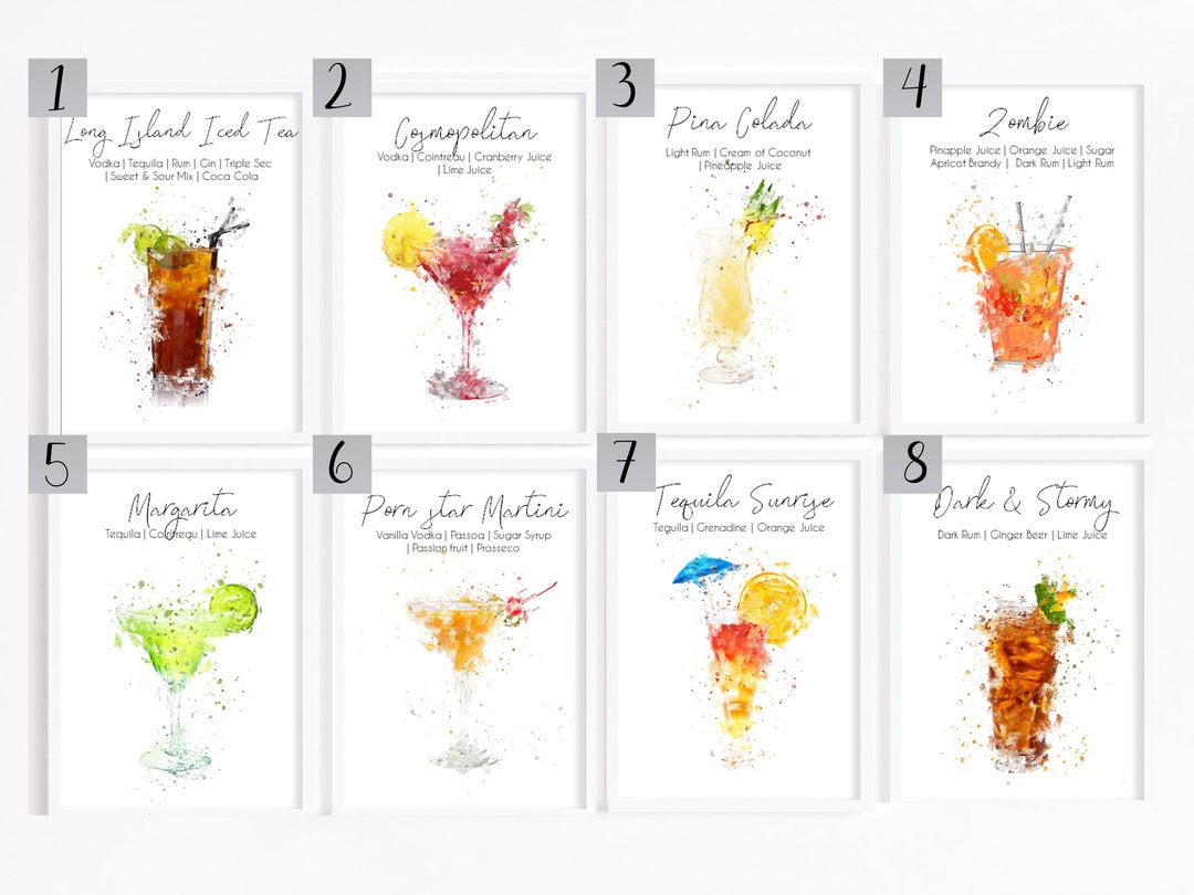 Watercolour Cocktail Prints, Set of Cocktail Wall Art, Cocktail Posters ...