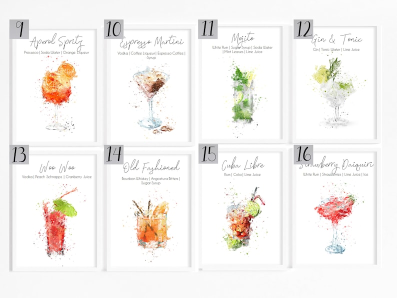 Watercolour Alcohol Cocktail Prints Set of Kitchen Prints - Etsy