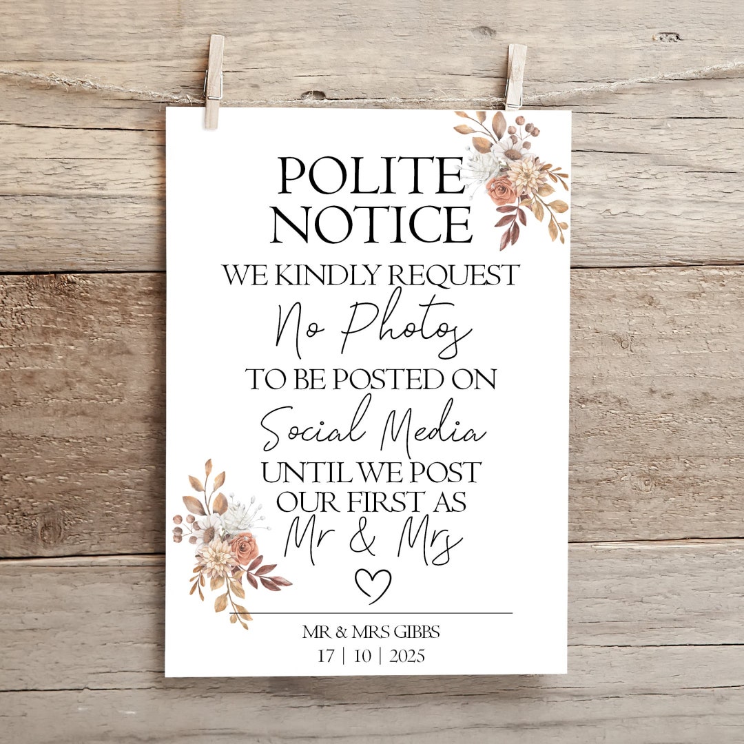 Personalised No Social Media Wedding Sign: Polite Notice Guests, Rustic ...