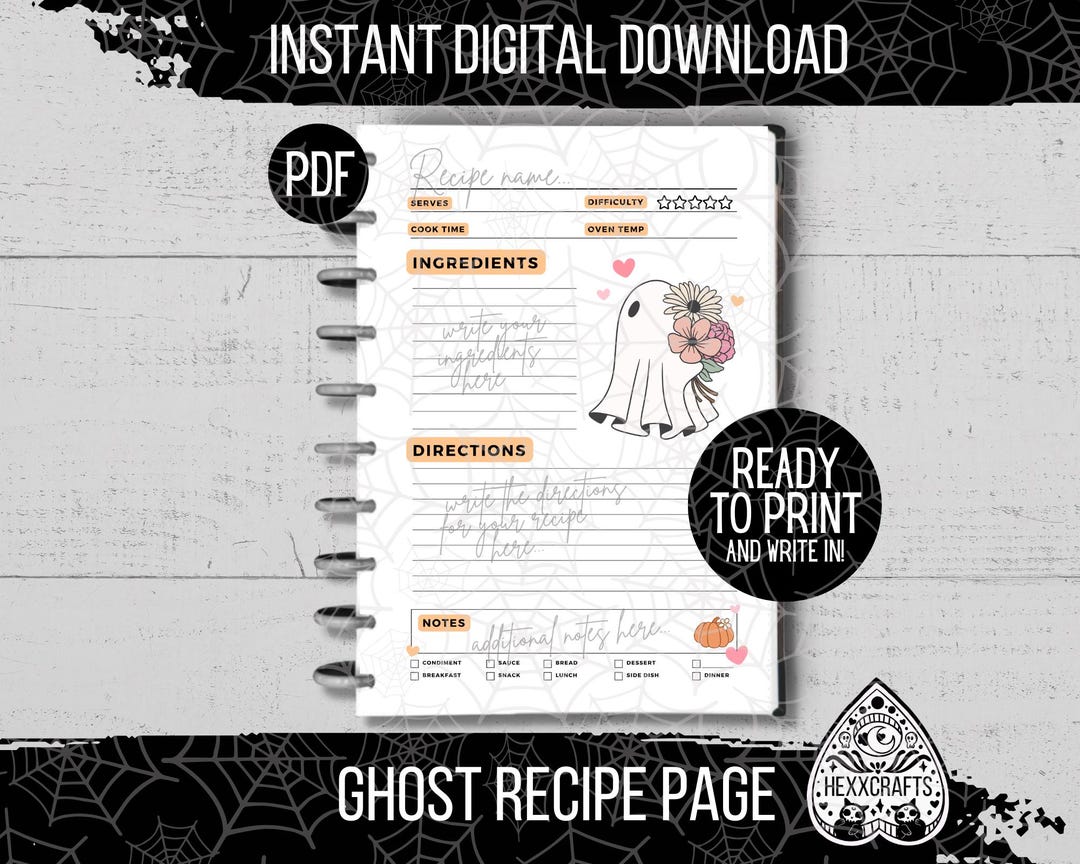 Cute Ghost Printable Recipe Page | Cookbook Pages | 8.5 X 11 Spooky ...
