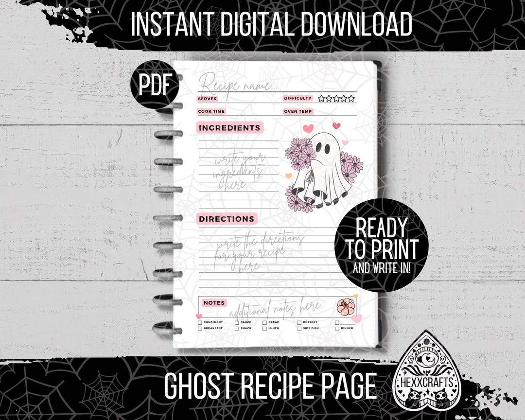 Cute Ghost Printable Recipe Page | Cookbook Pages | 8.5 X 11 Spooky ...