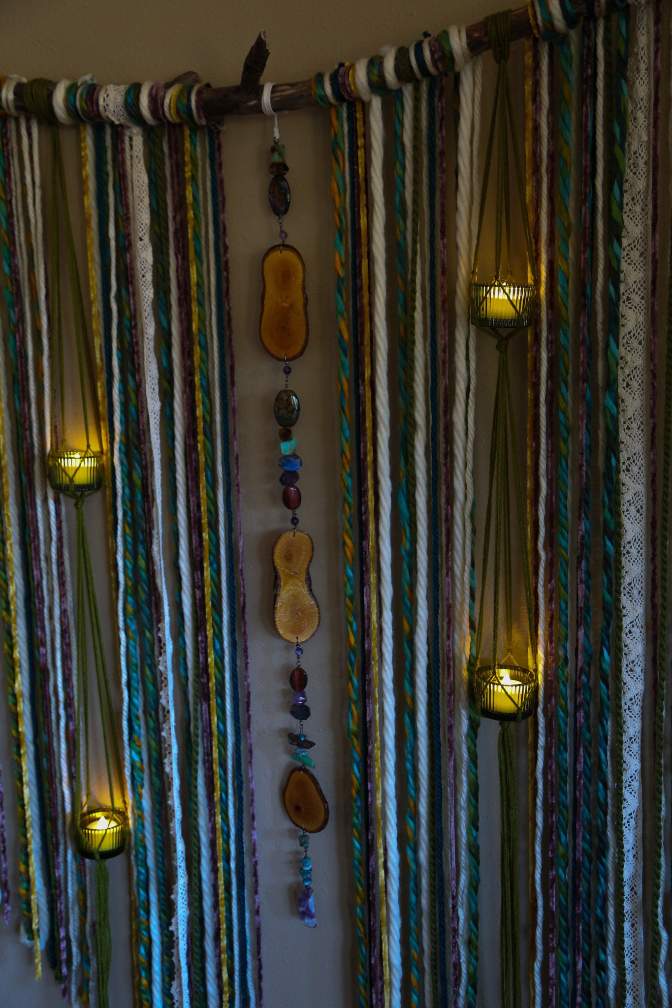 Gemstone Wood Slice Candle Holder Fiber Driftwood Wall Hanging / Tea ...