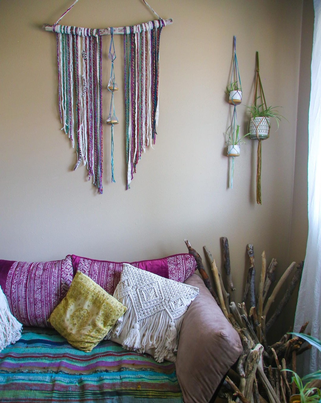 Large Quartz Crystal Rainbow Fiber Driftwood Wall Hanging / Bohemian ...