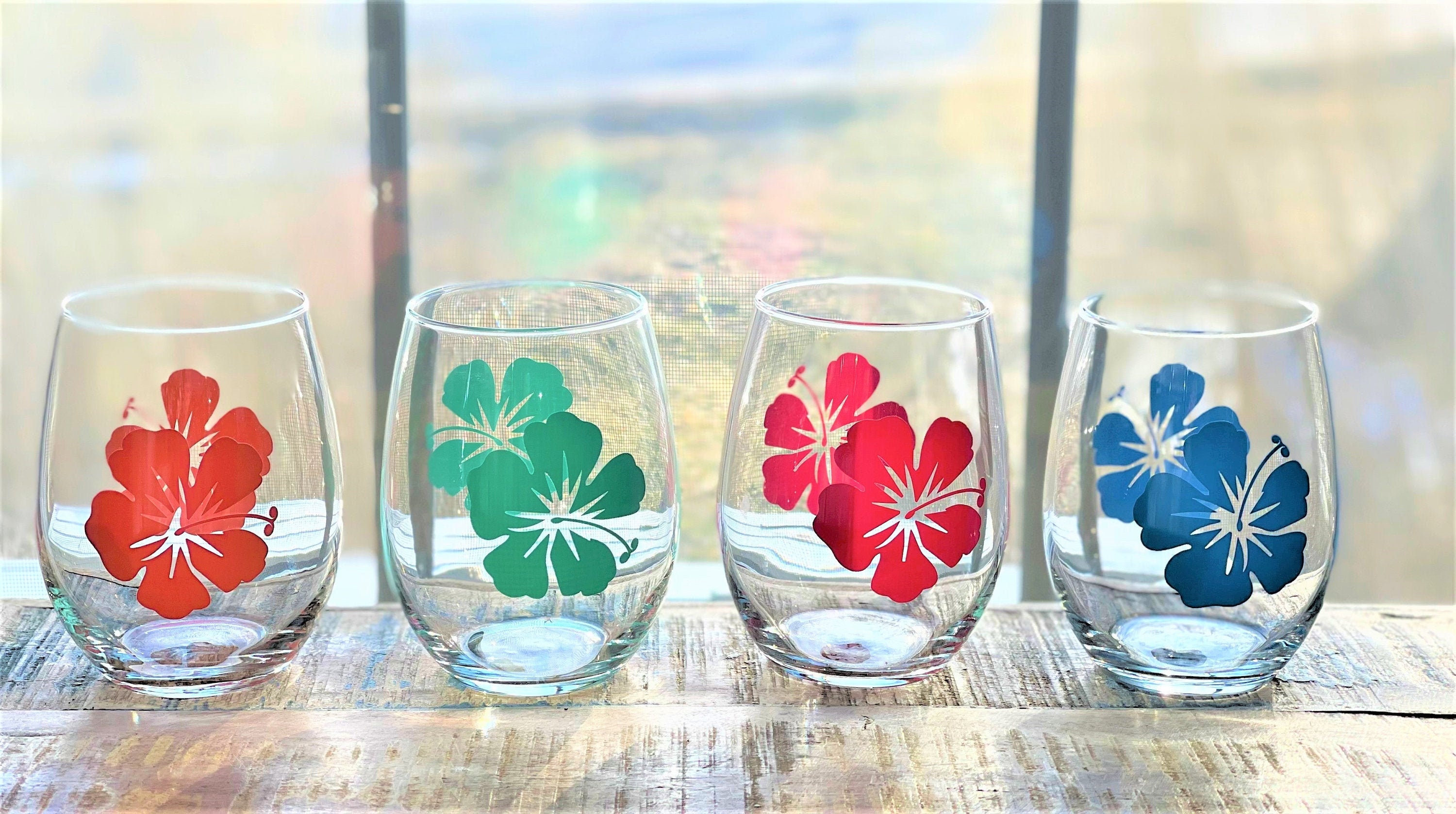 Hibiscus Wine Glasses-stemless-set of 4-coastal Barware-hibiscus Flower ...