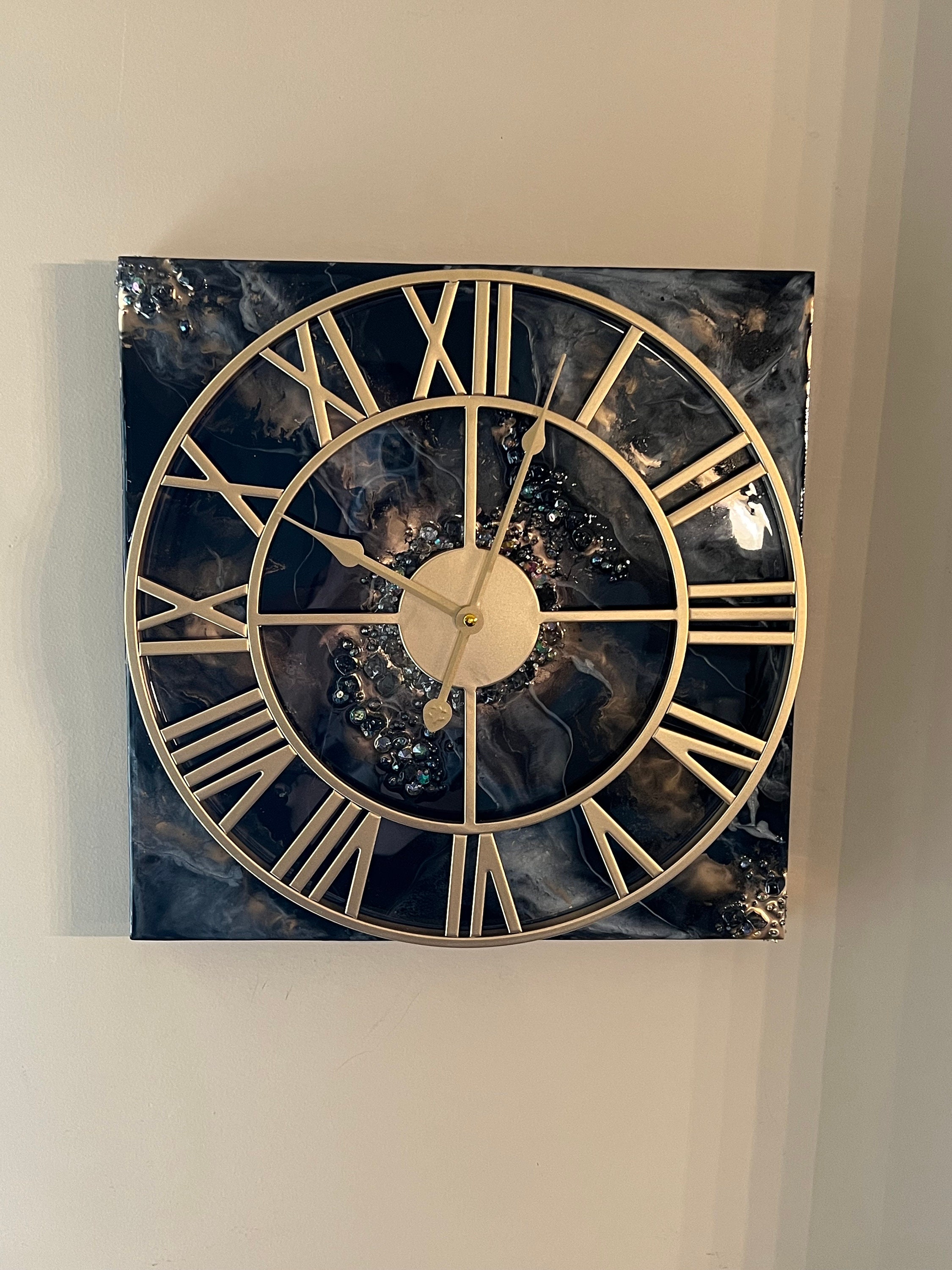 Beautiful Black & Gold Clock Round Face on Square Back - Etsy