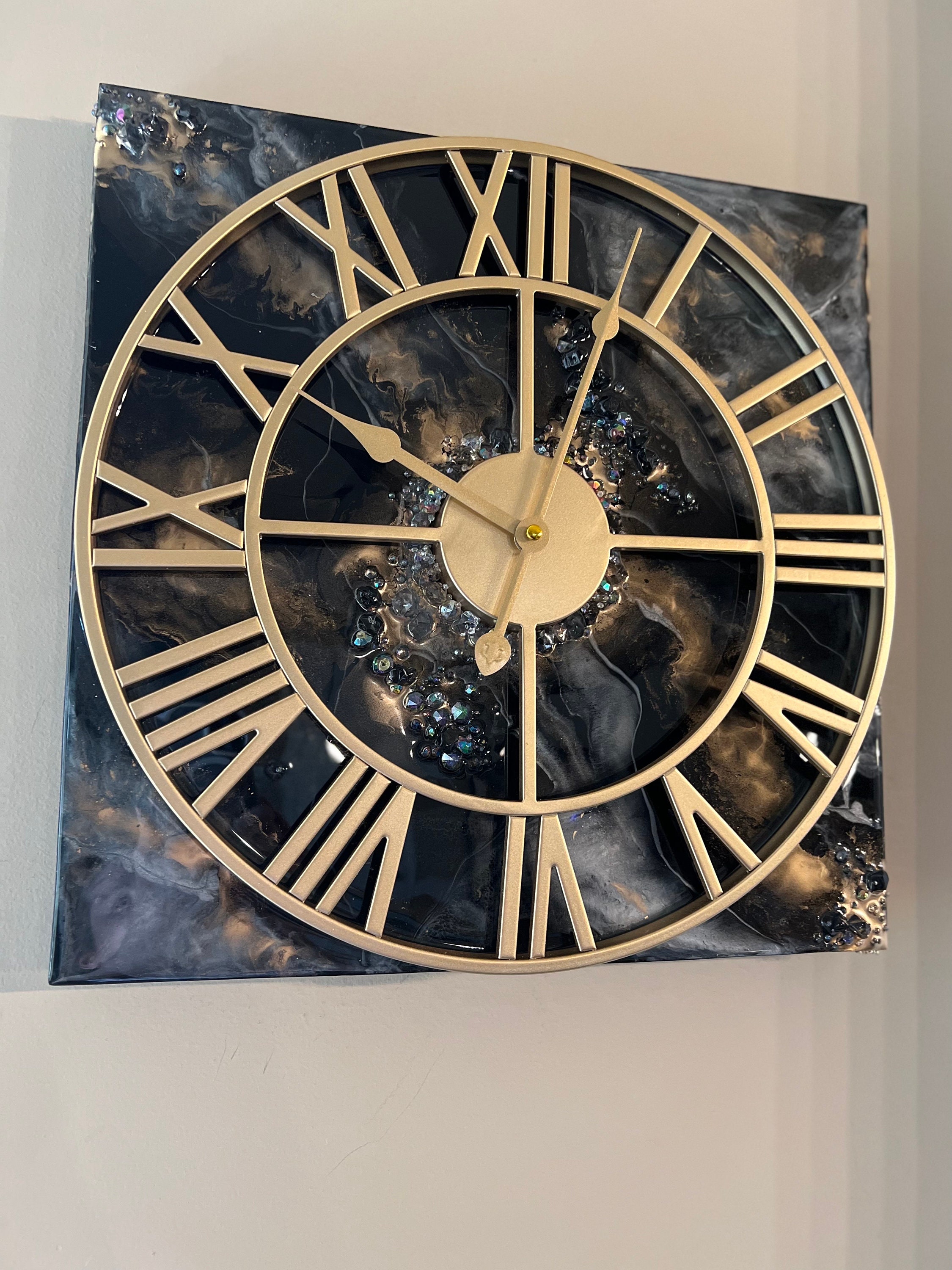 Beautiful Black & Gold Clock - Round Face on Square Back - Etsy