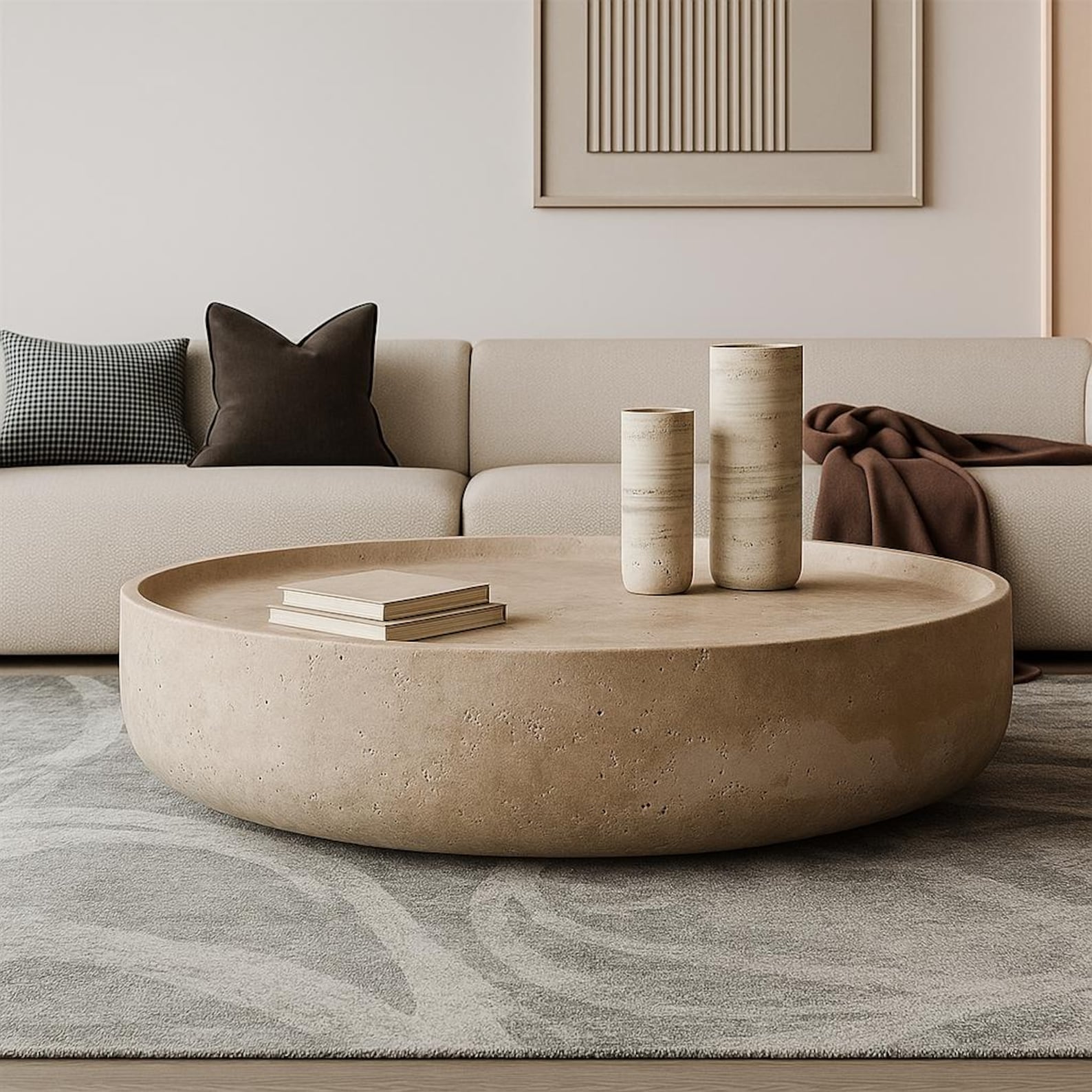 Travertine Coffee Table | Round Stone Center Table | Minimalist Modern ...
