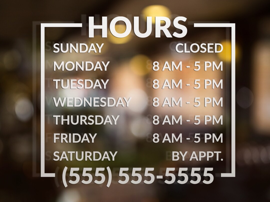 Personalized Store Hours Window Decal, Hours of Operation Sticker ...