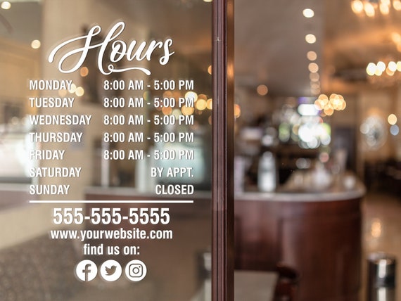 Store Hours Vinyl Decal Business Hours Decal for Storefront - Etsy