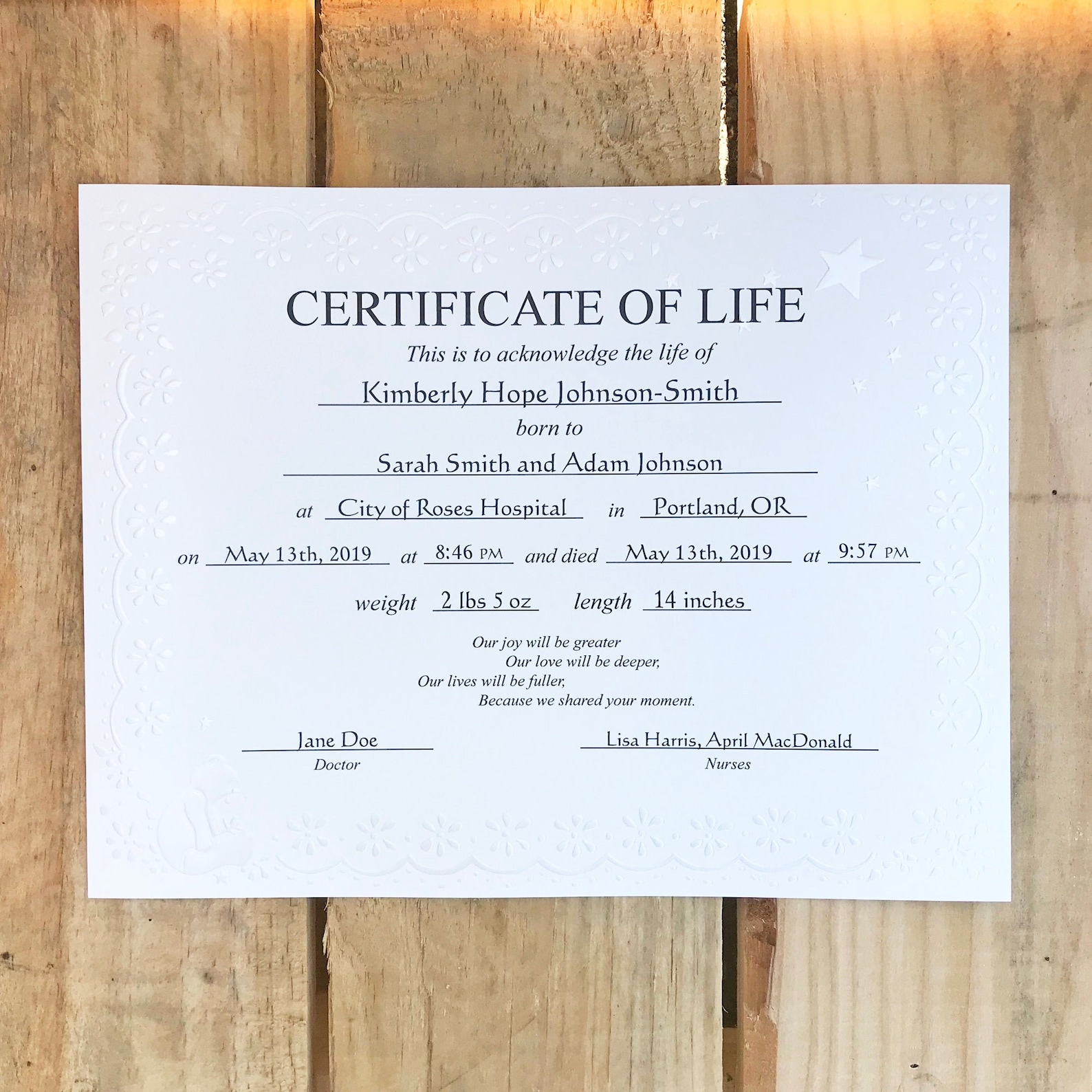 Certificate of Life Neonatal Death Remembering Your Baby - Etsy