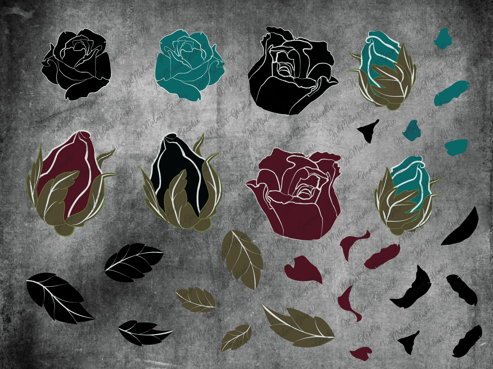 Digital Printable/ Svg, Png, Jpg, Pdf / Gothic Roses Bundle / Black ...