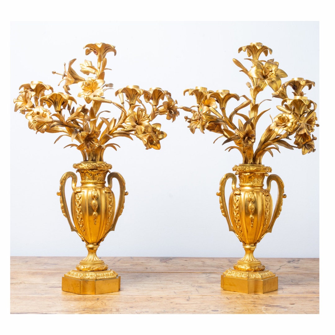 Antique French Gild Bronze Lily Candelabra Pair - 19th Century Ormolu ...