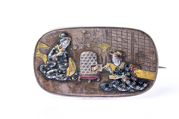 Antique Japanese Meiji Shakudo Gold And Silver Brooch - Gem