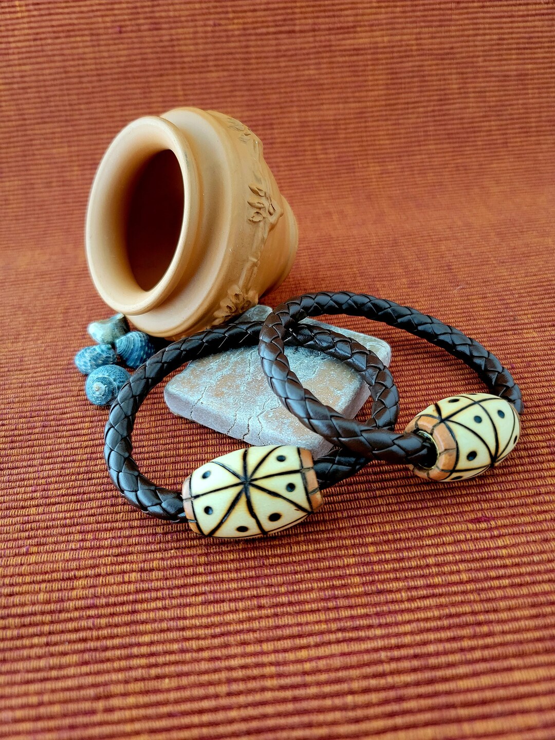 Wood Bead Bracelet: Starburst Design, Braided Leather, Magnetic Clasp ...
