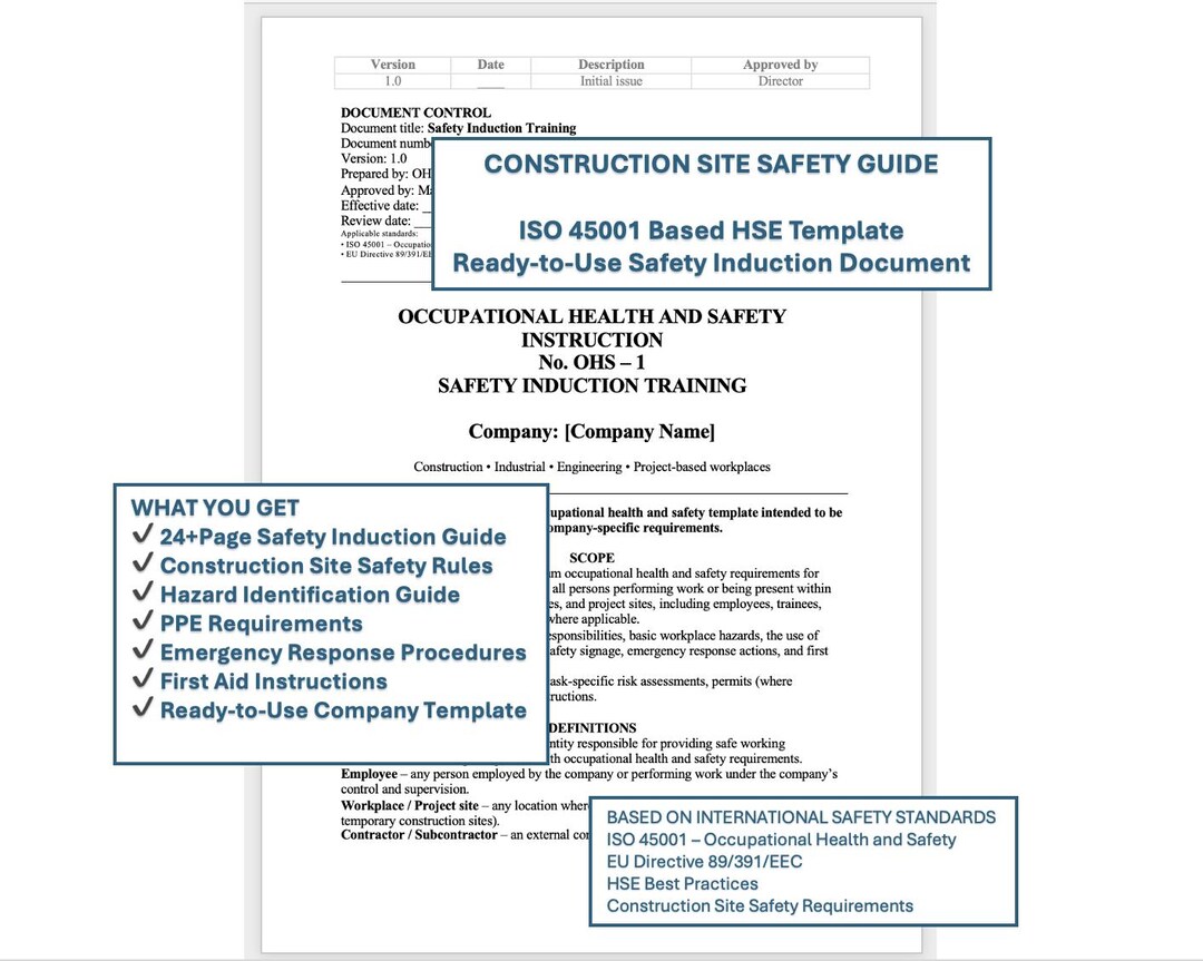 Construction Safety Induction Template | ISO 45001 HSE Document | Site ...