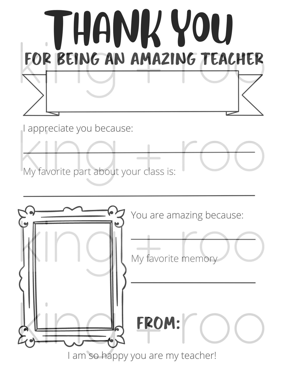 Teacher Appreciation Printable Letter: Fill-in Thank You Note (PDF) - Etsy