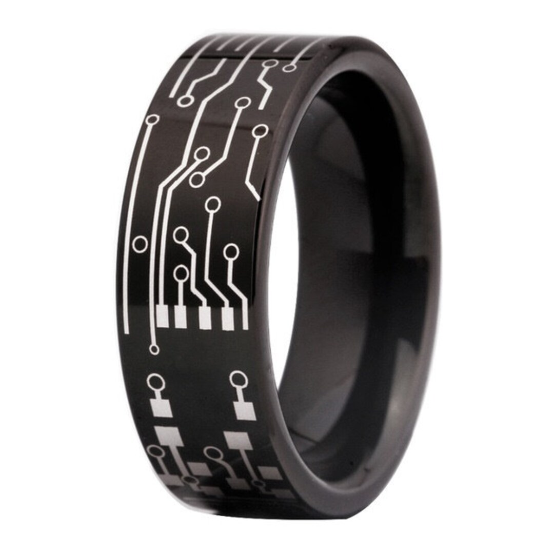 Black Circuit Board Design Tungsten Ring Men Women Couple Promise ...