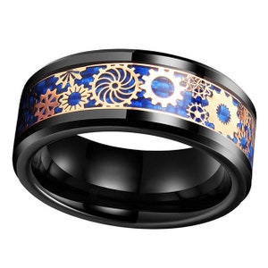 Mens Black Tungsten Rose Gold Gear Blue Carbon Fiber Wedding Band Ring ...