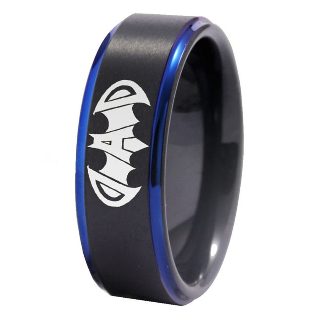 Mens Black Tungsten Super Dad Bat Design Blue Edges Wedding Band Ring ...
