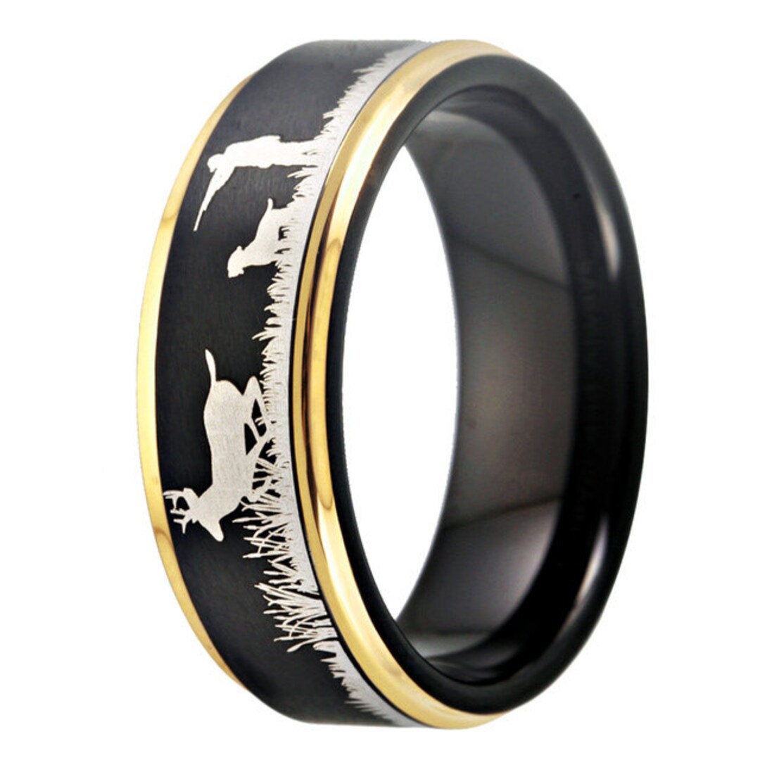 Mens Black Deer Hunting Tungsten Ring With Golden Edges in 8mm Width ...