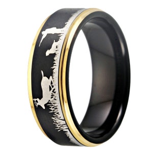 Mens Black Deer Hunting Tungsten Ring With Golden Edges in 8mm Width ...