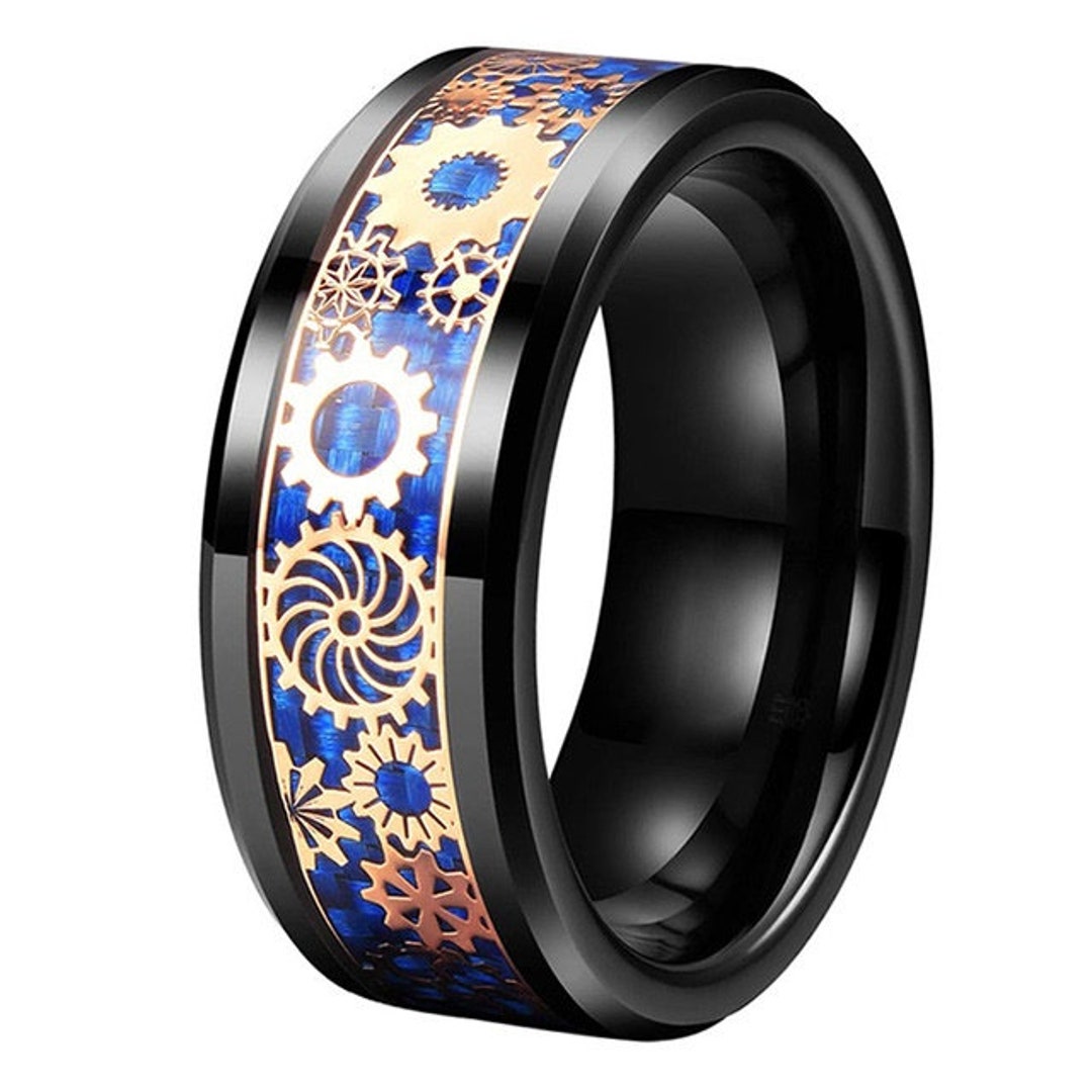 Mens Black Tungsten Rose Gold Gear Blue Carbon Fiber Wedding Band Ring ...