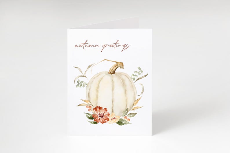 Autumn Greetings Notecards, Illustrated Watercolor Pumpkin and Fall ...