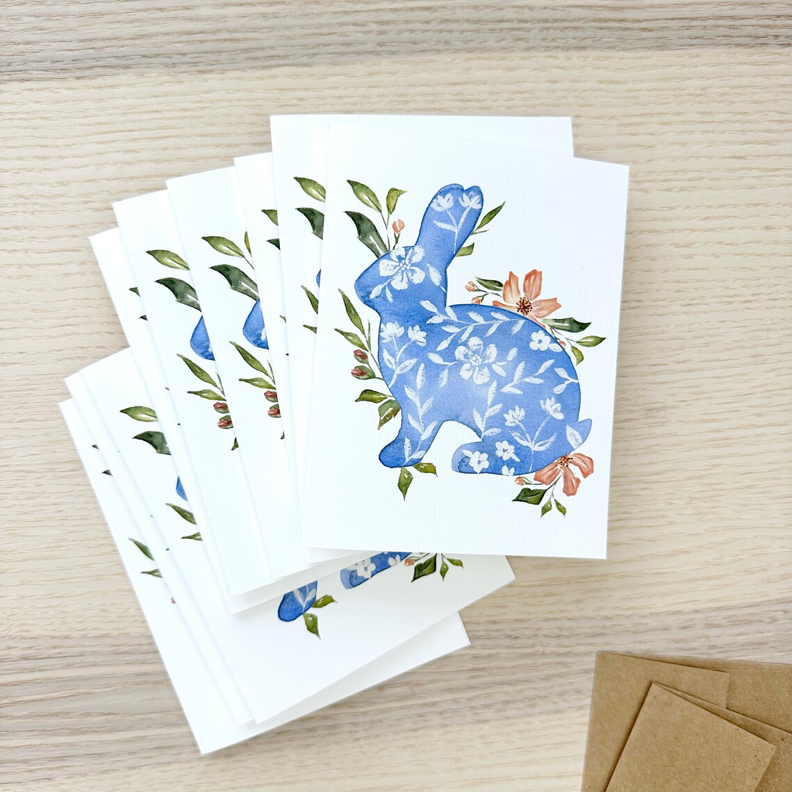 Blue Floral Easter Bunny Card, Happy Easter Card, Stationary Set, Blank ...