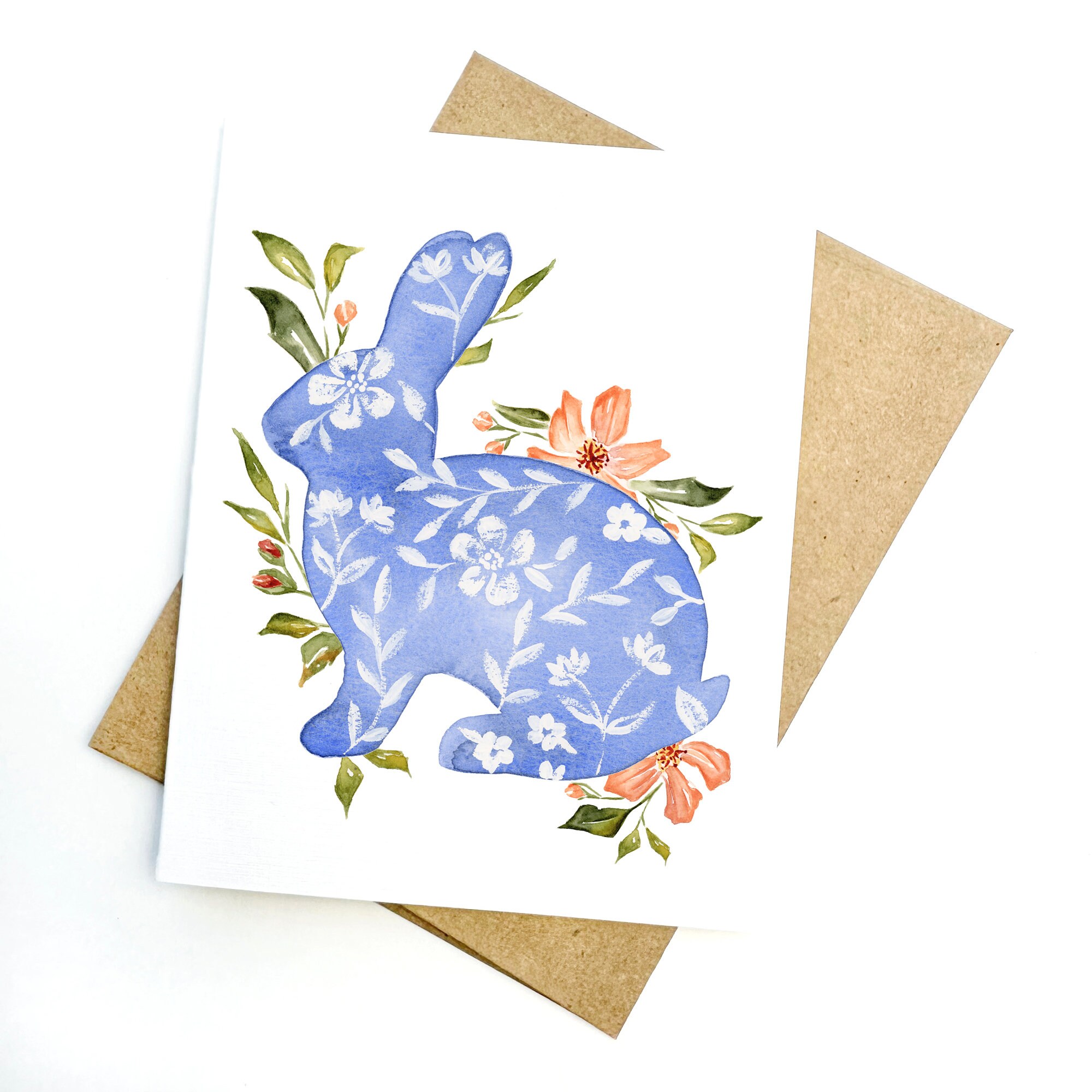 Blue Floral Easter Bunny Card, Happy Easter Card, Stationary Set, Blank ...